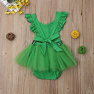 Newborn Baby Girls 1st ST Patrick's Day Green Sequin Romper Dress Ruffled Halter Bodysuit Tutu Dress 0-24M (6-12M, Green)