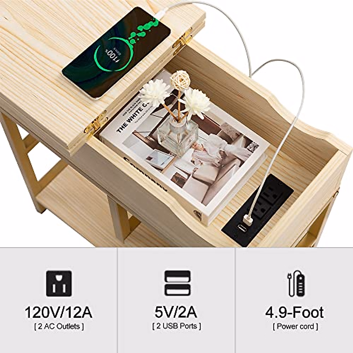 Hadulcet Side Table with Charging Station, Flip Top End Table with Storage Shelf for Living Room Bedroom Small Space Gold & Beige
