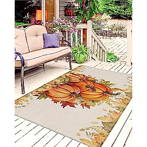 Fall Pumpkins Outdoor Area Rug 4'x6',Patio Balcony Porch Front Door Camping Camper Deck Runner Rug,Washable Carpet Indoor Living Room/Kitchen Floor Mat Thanksgiving Autumn Retro Eucalyptus Leaves