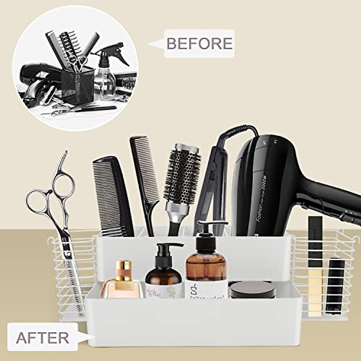 BUSOKIP Hair Tool Organizer/Hair Dryer Holder Wall Mount. Large Bathroom Sink Organizer Countertop Hot Tool Holder for Curling Iron, Blow Dryer, Straightener, Flat Iron. White