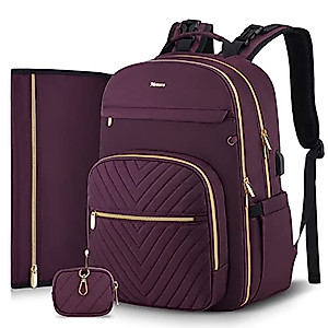 MOMUVO Diaper Bag Backpack, Quilted Baby Bag with Changing Pad & Stroller Straps & Pacifier Case, Large Travel Diaper Bags for Mom Dad, Dark Purple