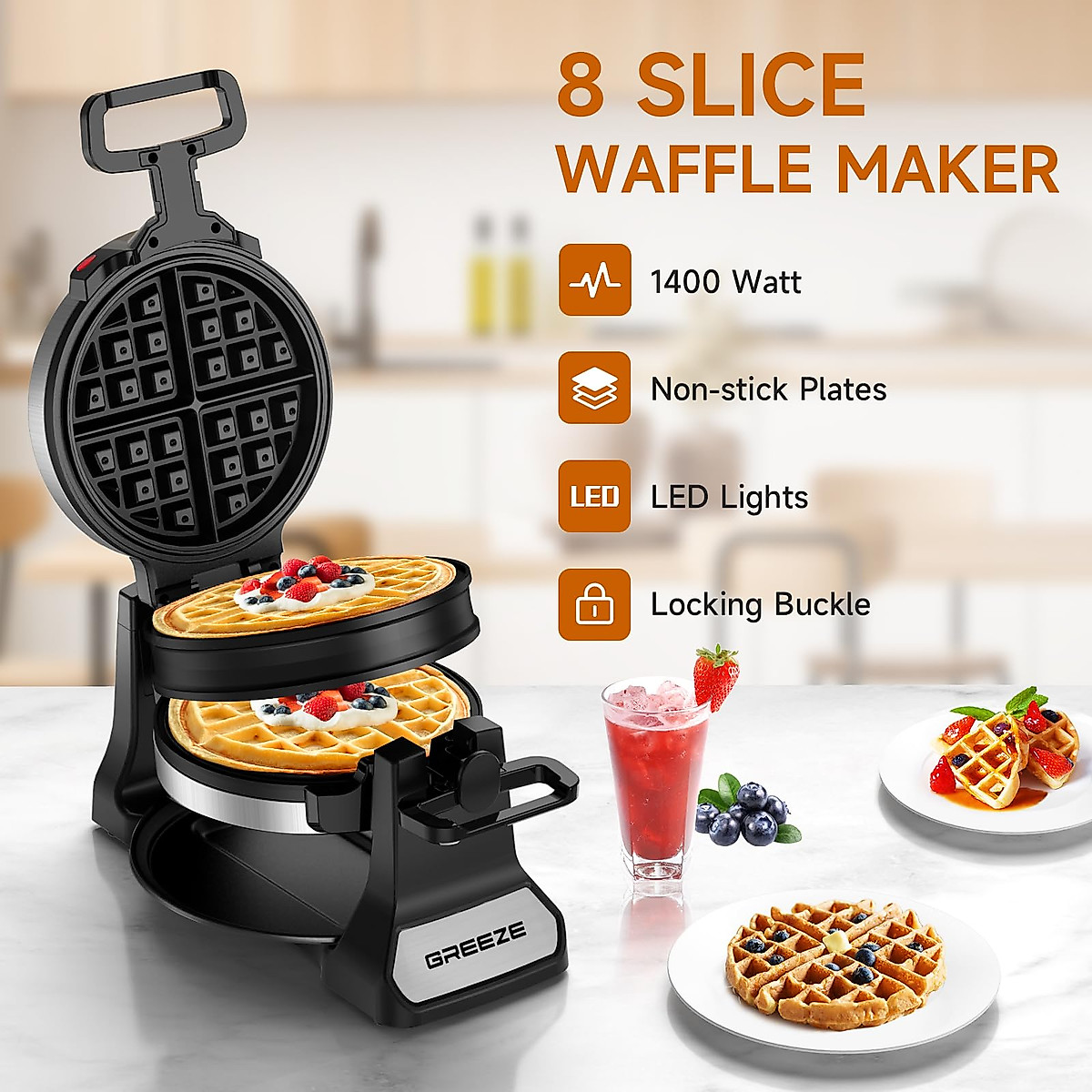 Waffle Maker, Double Belgian Waffle Maker 180°Flip, 1400W Waffle Iron 8 Slices, Rotating & Nonstick Plates with Removable Drip Tray for Easy Clean, Stainless Steel, Locking Buckle & Cool Touch Handle