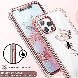 SURITCH Compatible with iPhone 12/iPhone 12 Pro Clear Case 6.1 Inch,[Built in Screen Protector] Luxury Crown Sparkle Diamond Bling Crystals Full Body Rugged Cover for Girls Women (Rose Gold)