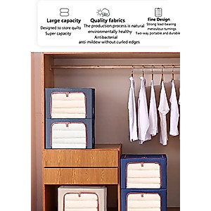Foldable Clothes Storage Bins 2 Pack,Metal Frame Clothing Storage Box with Reinforced Handle, Stackable Thick Linen Fabric Closet Organizer Set with Clear Windows, Sturdy Zippers, Blue(19.7x15.7x13in)
