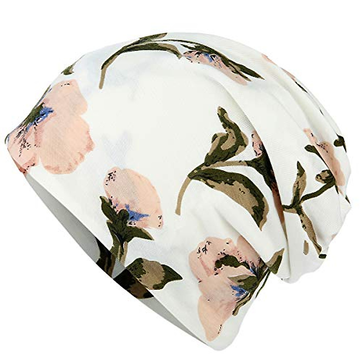 HONENNA Flower Printed Beanie Women Turban Headband Chemo Cap (Beige&Pink)