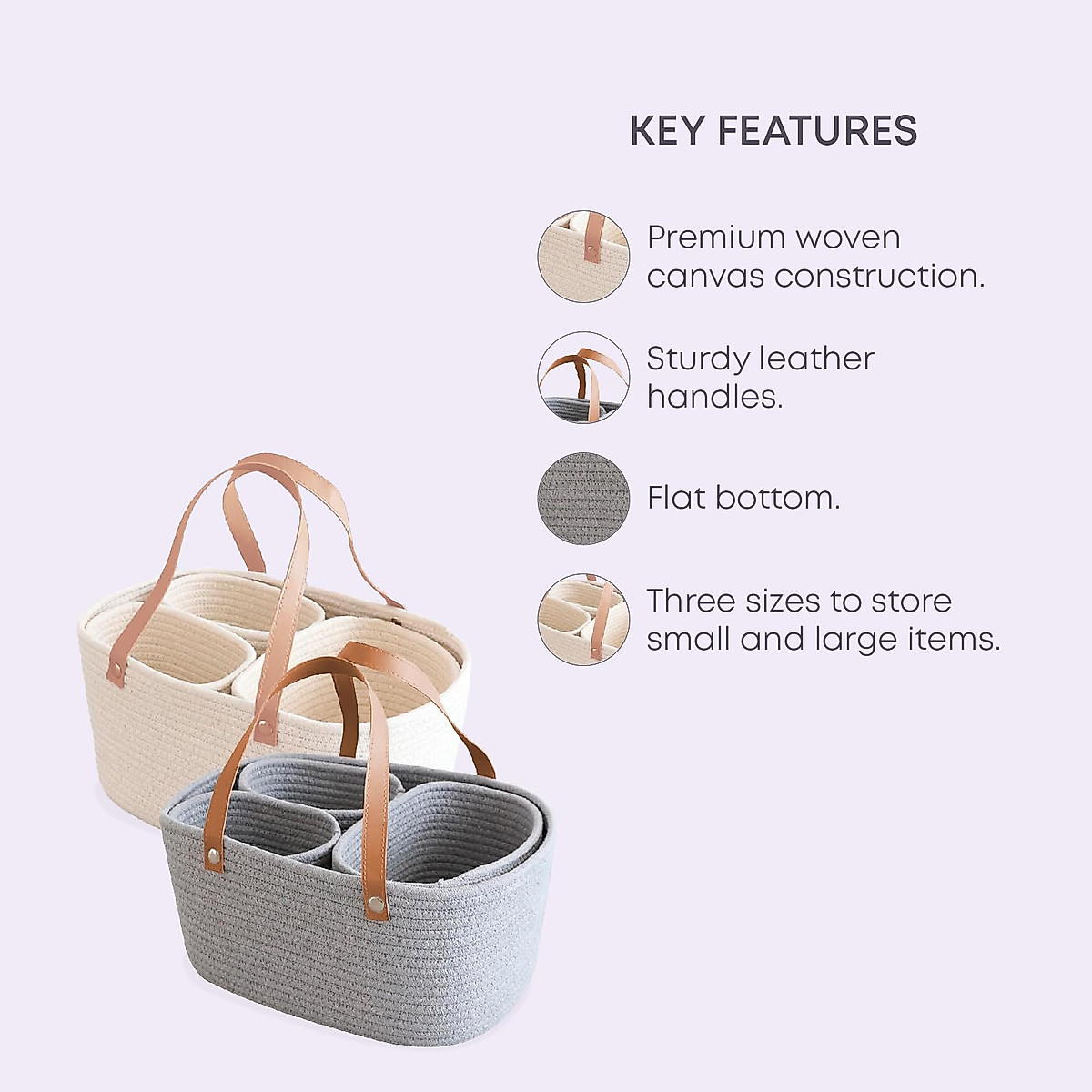 Oliver & Emilia Storage Basket – Portable Small Decorative Woven Cotton Rope Organizer - Leather Handle & Three Removable Bins for Toy, Baby Gift, Laundry, Living Room, Nursery, Towel, Blanket - Grey