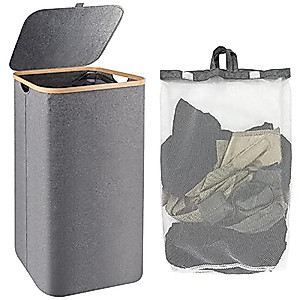 Large Laundry Basket with Lid - Collapsible Laundry Basket with Bamboo Handles, 100L Laundry Hamper for Clothes and Toys Storage, Hampers for Laundry with Inner Bag for Bathroom, Bedroom Grey