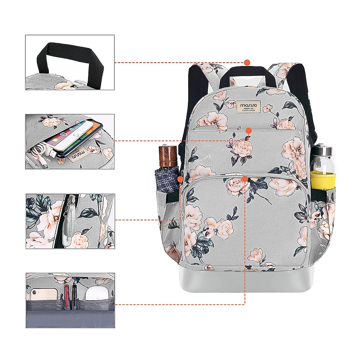MOSISO 15.6-16 inch Laptop Backpack for Women, Polyester Anti-Theft Stylish Casual Daypack Bag with Luggage Strap & USB Charging Port, Camellia Travel Backpack, Grey