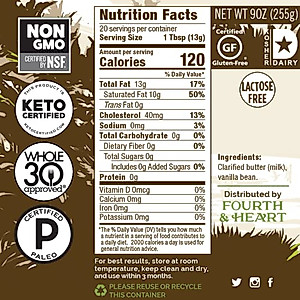 4th & Heart Vanilla Bean Grass-Fed Ghee, 9 Ounce, Keto, Pasture Raised, Lactose and Casein Free, Certified Paleo