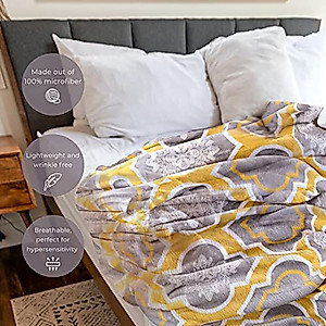 Shop LC Grey Throw Fleece Blanket Queen Size | 80"x60" | Yellow Moroccan Pattern 100% Microfiber Soft Plush Lightweight Full Size Flannel with Knitted Border Birthday Gifts