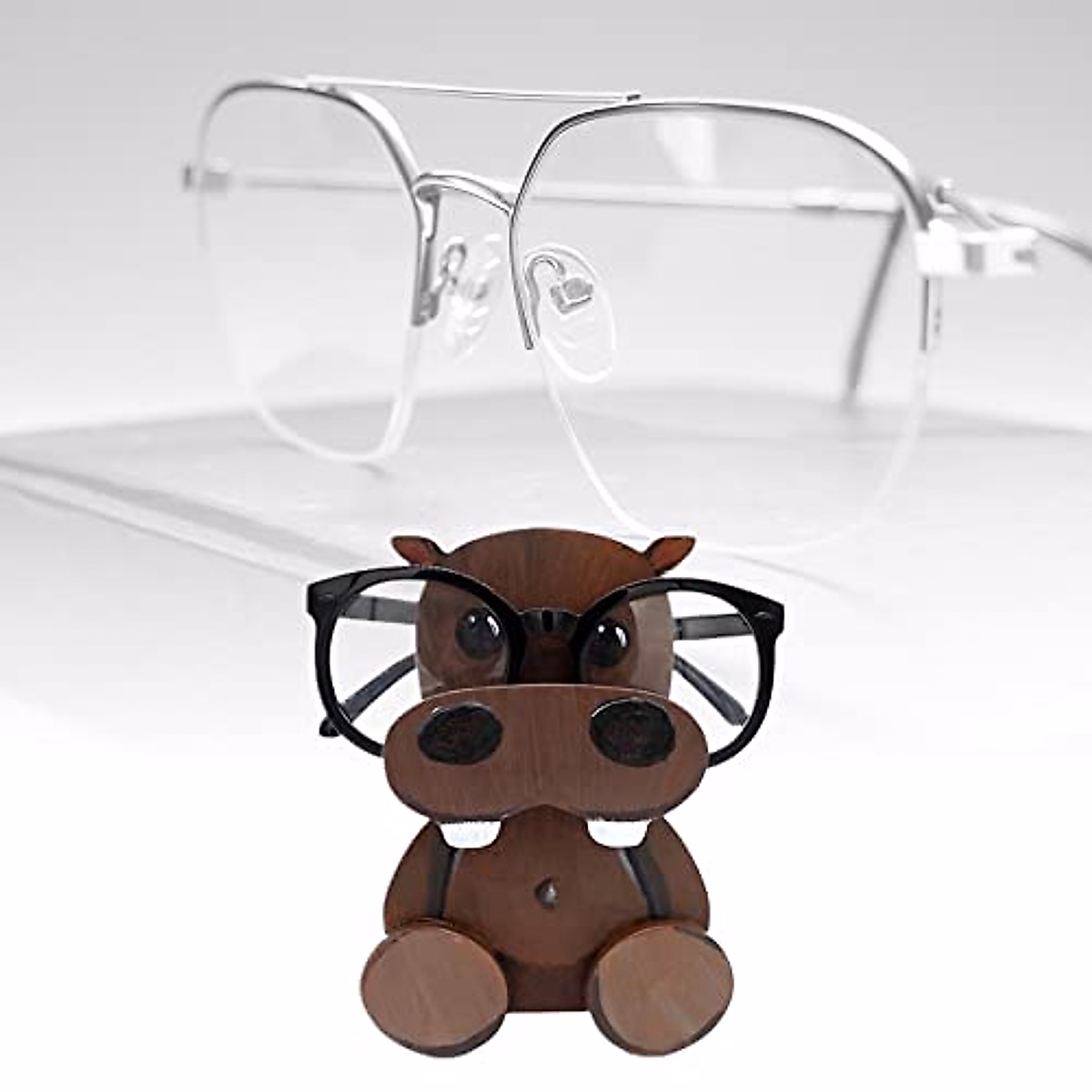 Cute Creative Animal Glasses Holder, Wooden Animal Shaped Glasses Frame, Fun Eyeglass Holder Display Stands, Pet Glasses Stand Home Office Desktop Decor, Handmade Corgi Glasses Stand (Hippopotamus)