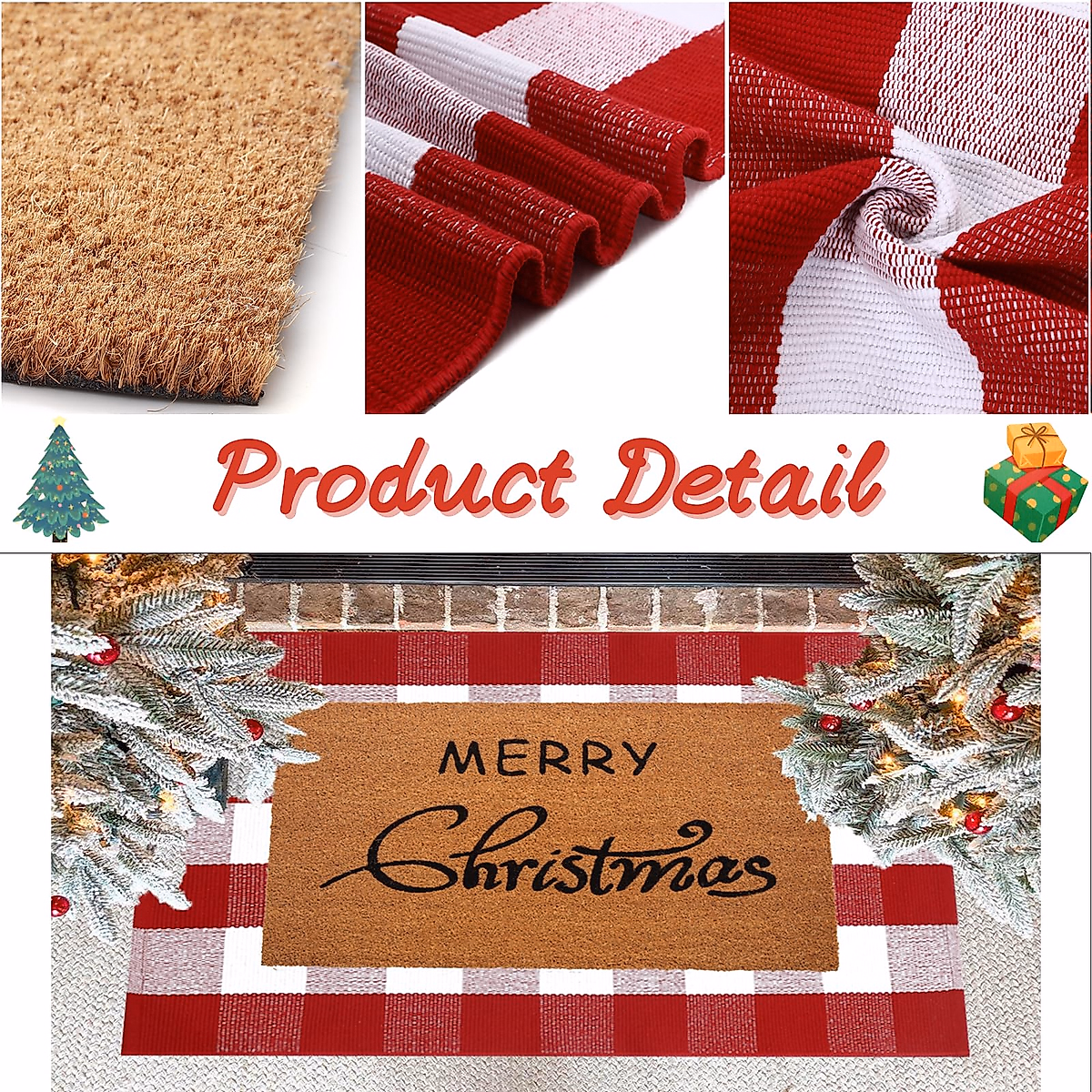 Christmas Door Mat Combo Set - 100% Coco Coir Welcome Mat + 28 x 43 Inch Red and White Plaid Rug, Christmas New Year Holiday Collection Doormat for Front Porch Entryway Decorative