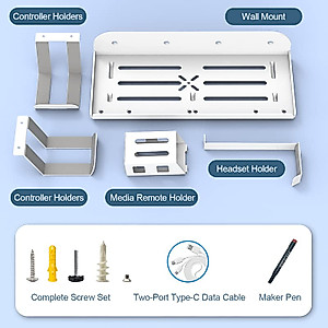 SWTOTK PS5 Wall Mount Kit with Charging Cable, 6-in-1 Playstation 5 (Disc & Digital) Metal Wall Stand with 2 Detachable Controller Hanging Bracket/Remote Box/Headset Hanger, w/Non-Slip Mat White