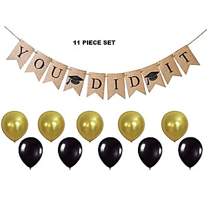 YOU DID IT Graduation Banner - Grad Party Supplies and Decorations - Gold and Black Balloons - Ready to Hang Graduation Burlap Banner by Jolly Jon