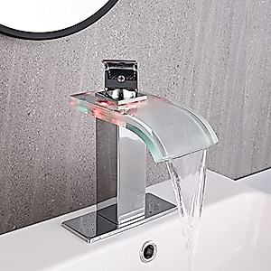AVSIILE LED Bathroom Sink Faucet, Chrome Waterfall Single Hole Handle RV Bath Vanity Faucets for Sinks 1 Hole with Metal Pop Up Drain and 2 Water Supply Lines, Wide Glass Spout