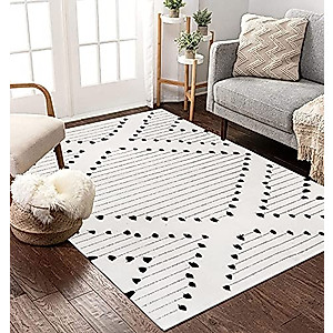 Boho Cotton Area Rug 4’ x 6’, Large Hand Woven Washable Indoor Accent Rugs, Moroccan Geometric Throw Floor Carpet for Living Room Bedroom Dining Room Home Decor,Off White
