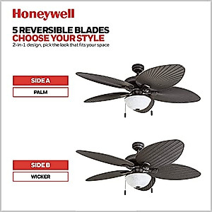 Honeywell Ceiling Fans Inland Breeze, 52 Inch Tropical Indoor Outdoor Ceiling Fan with Light, Pull Chain, Three Mount Options, Weather Resistant Blades - 50510-01 (Bronze)