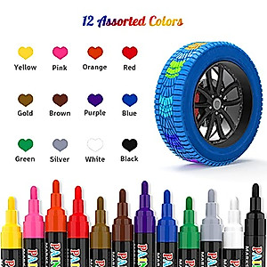 SUPKIZ Paint Markers Pens, 12 Colors Oil-Based Waterproof Fancy Paint Markers, Quick Dry Permanent Push Markers Set for Tire, Rock, Wood, Fabric, Plastic, Canvas, Glass, Mugs, DIY Craft