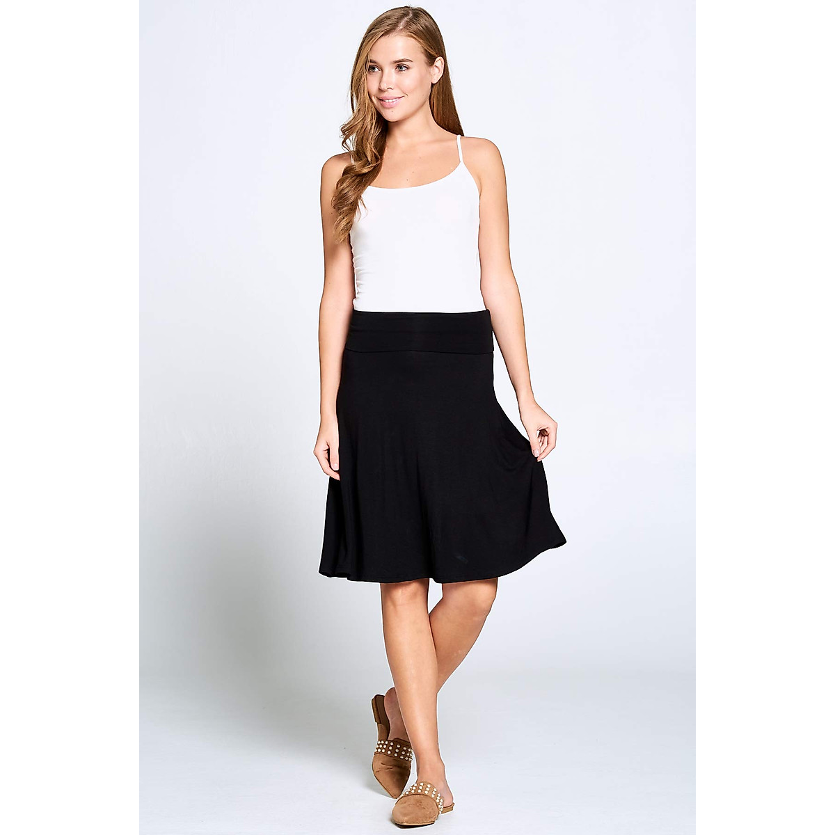 Popana Womens Casual Knee Length A-Line Stretch Midi Skirt Plus Size Made in USA Size XL Black