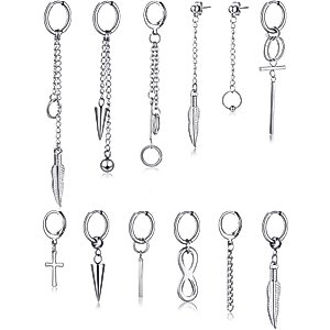 12 Pieces Hoop Dangle Earrings for Men Stainless Steel Hanging Pendant Hinged Hoop Earrings Long Chain Cross Huggie Earrings Fashion Piercing Jewelry Gift for Unisex Men Women (Silver)