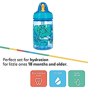 Nuby Flip-it Kids On-The-Go Printed Water Bottle with Bite Proof Hard Straw - 12oz / 360 ml, 18+ Months, 1 Pack of 1 Piece, Prints May Vary