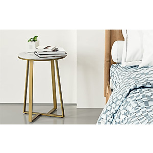 Dorriss Round End Tables, Small End Table White Marble Texture MDF Top,Metal Frame Gold Color, Tall End Table for Bed Room,Coffee Tea End Table for Living Room (White Marble+Gold)