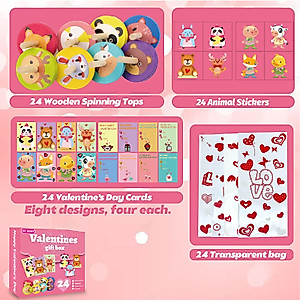 96PCS Valentines Toys for Class, Valentines Day Exchange Cards for Kids, Wooden Spinning Tops, Animal Stickers, Goodies Bags, Valentines Gifts for Kids Classroom, School Prize Party Favors