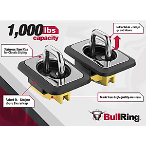 Bull Ring Retractable Truck Bed Tie Down Anchors, 98-12 Ford Ranger, 98-14 F150, 98-16 F250 & F350 Super Duty, 99-13 Silverado, 99-13 Sierra 1500 2500 & 3500, 95-18 RAM 1500 2500 & 3500 (1 Pair)