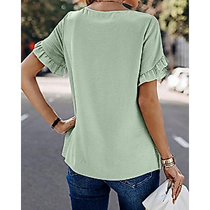 PRETTYGARDEN Women's Shirts Summer Casual Crewneck Lace Crochet Short Sleeve Blouses Cute Floral Print Loose Tunic Tops(Solid Light Green,Large)