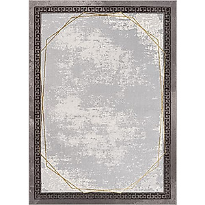 Well Woven FAE Grey & Gold Greek Key Marble Border Pattern Area Rug (5'3" x 7'3")