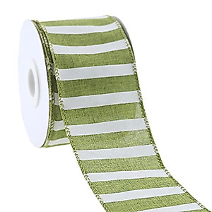 DINDOSAL Sage Green Wired Ribbon 2.5" Horizontal White Stripe Wired Edge Burlap Ribbon Farmhouse Wire Ribbon for Wreaths Crafts Supplies Gift Wrapping Bows Making Spring Decorations - 10 Yards