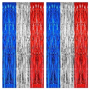 PIGETALE, 2 Pack 3.2 x 8.2 ft Red White and Blue Foil Fringe Backdrop Curtain, Streamer Backdrop Tinsel Curtains Photo Booth Props for Graduation Birthday Memo