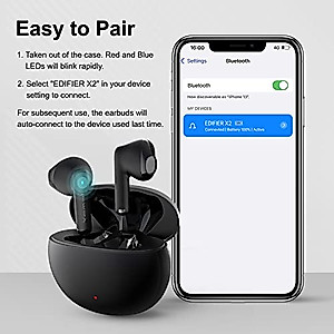 Edifier X2 True Wireless Bluetooth Headphones Earbuds with 28 Hour Playtime, Dual Mic Voice Noise Reduction for Crystal-Clear Calls, Lightweight Headphones, Black