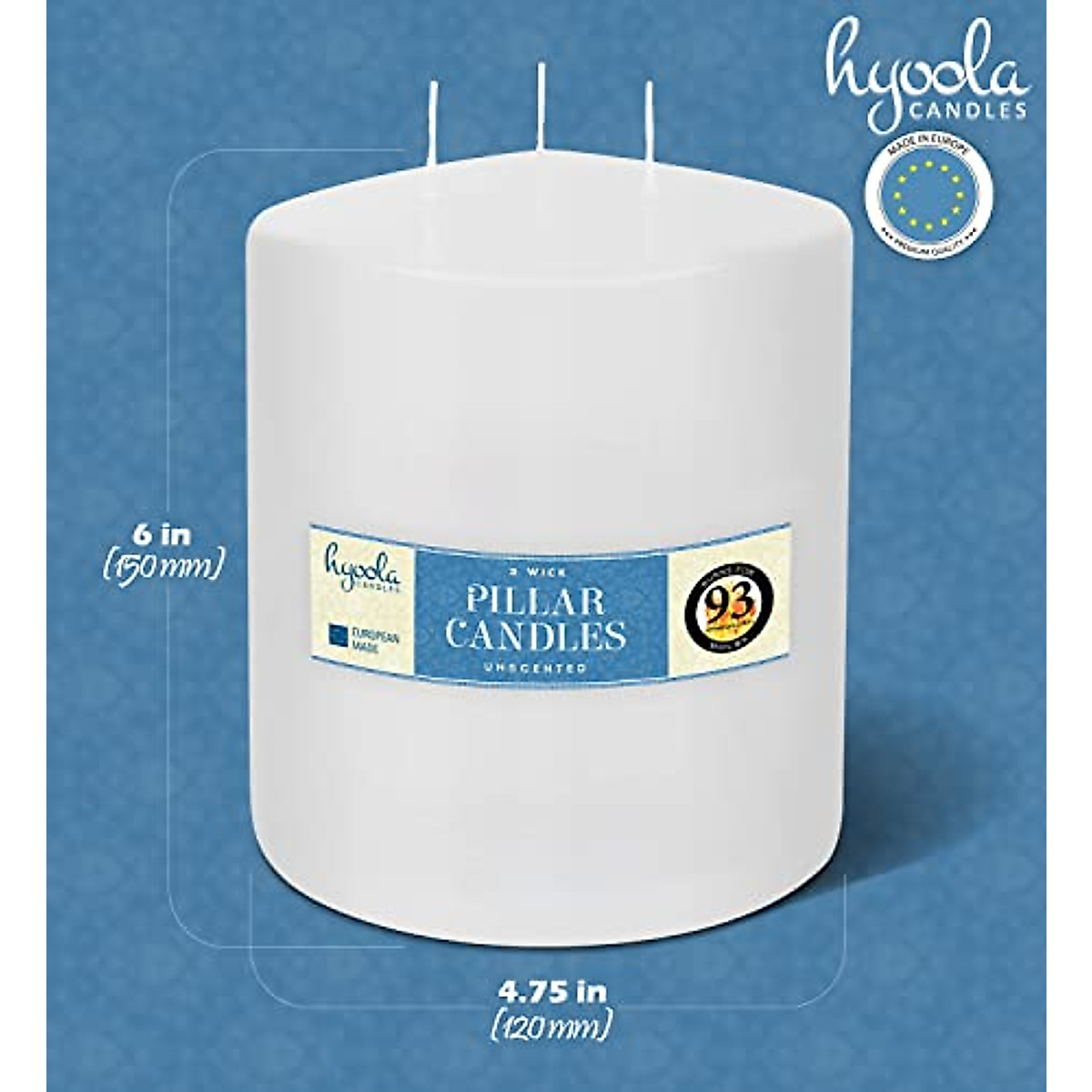 HYOOLA White Three Wick Large Candle - 4.75 x 6 Inch - Unscented Big Pillar Candles - 93 Hour - European Made