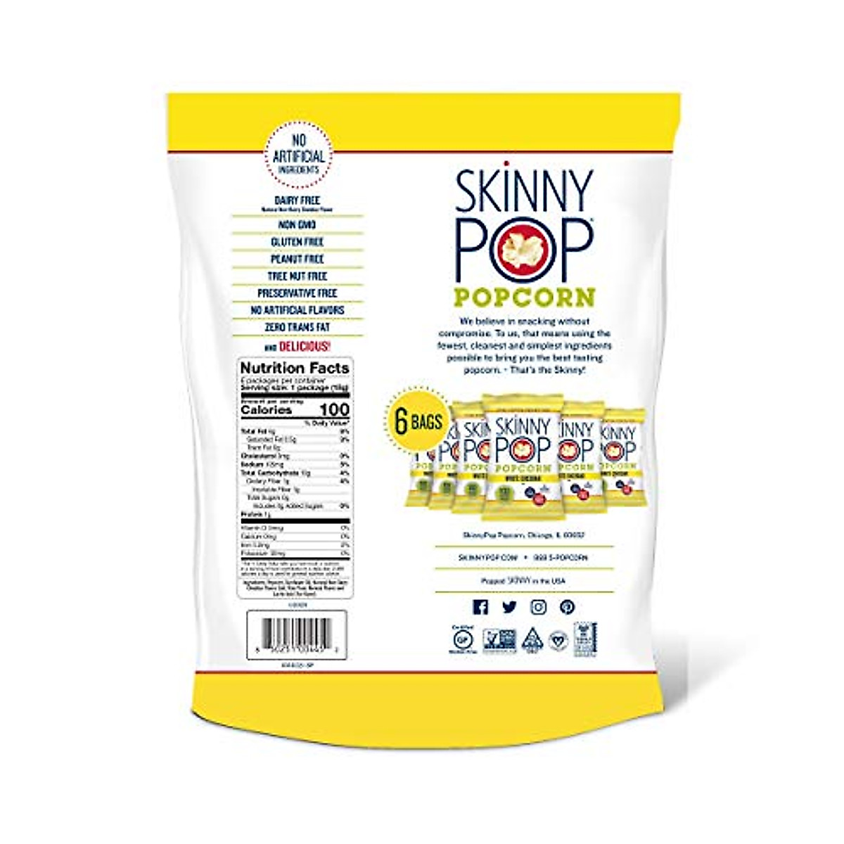 Skinny Popcorn White Cheddar Snack Packs, Halloween Snacks for Kids, 0.65 Oz, 6 Count