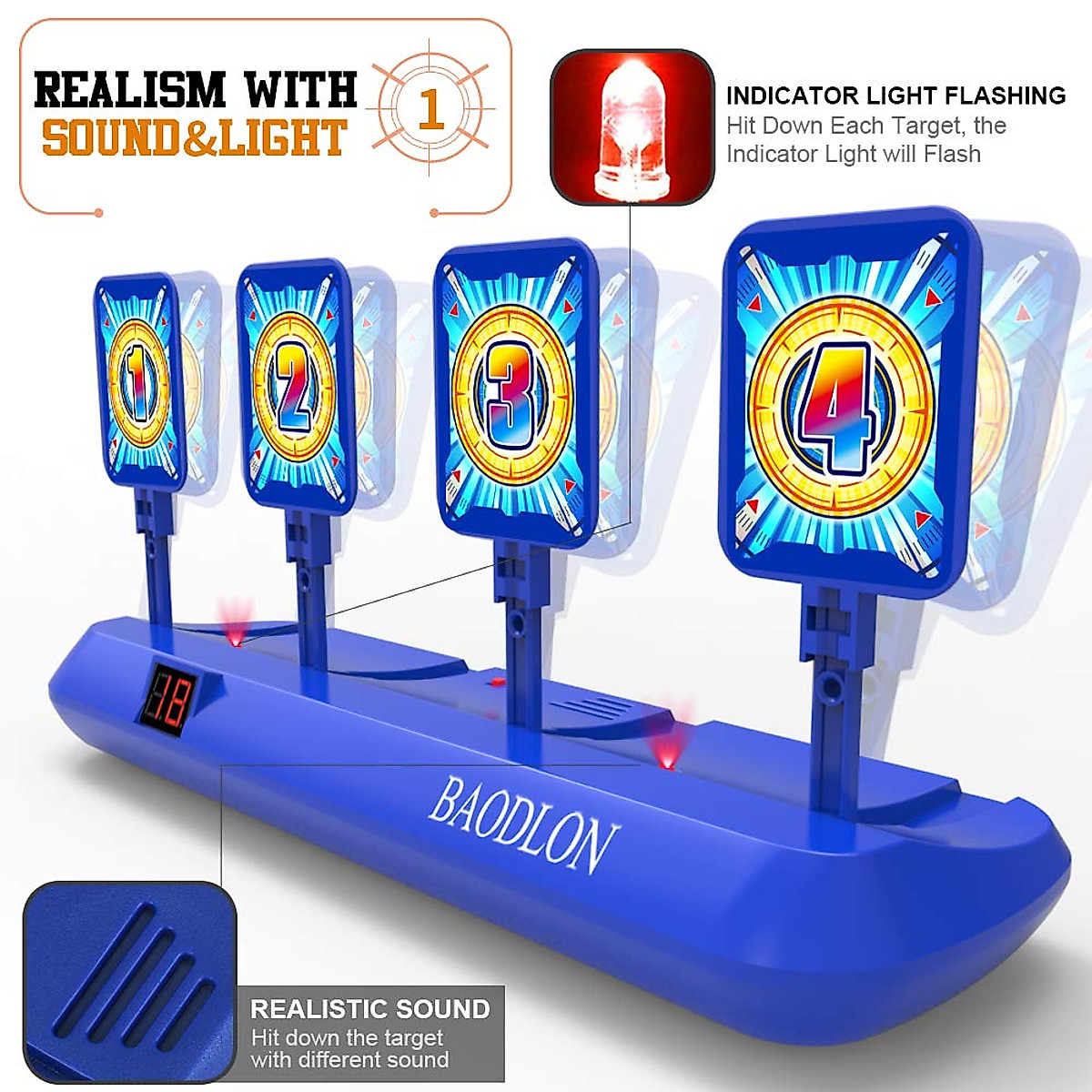 BAODLON Digital Shooting Targets with Foam Dart Toy Gun, Electronic Scoring Auto Reset 4 Targets, Shooting Game Toys Gifts for Age of 5, 6, 7, 8, 9, 10+ Years Old Kids, Boys, Compatible with 2 Toy Gun