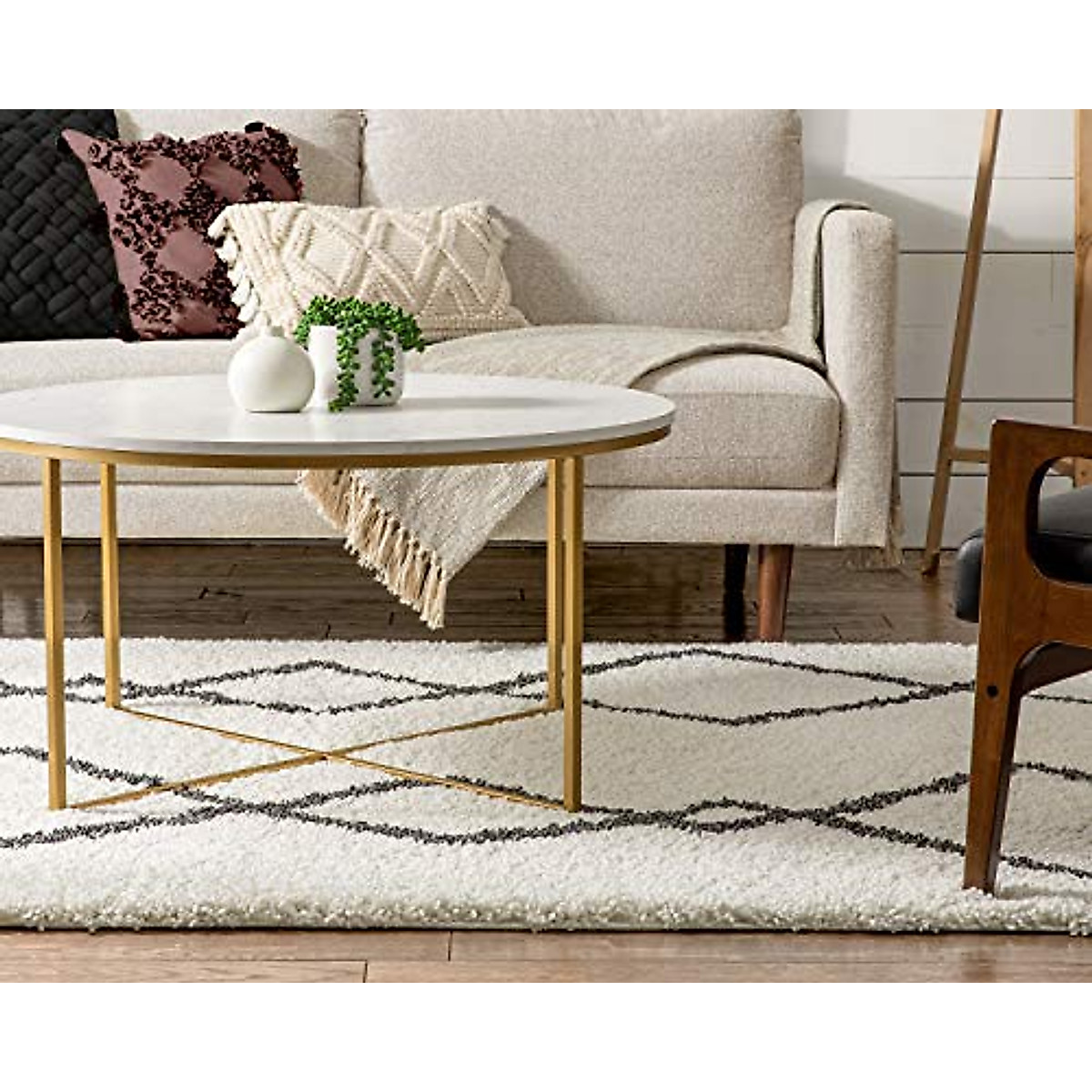 Well Woven Engren Ivory | Thick Nordic Shag | Tribal Diamond Area Rug 5x7 (5'3" x 7'3")