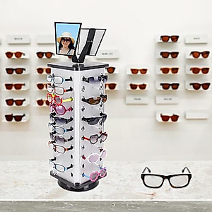 ONEPOINTPOINT Glasses Display Stand 360° Rotating 44 Pairs of Sunglasses Eyewear Holder Display Rack with Mirror (Square)