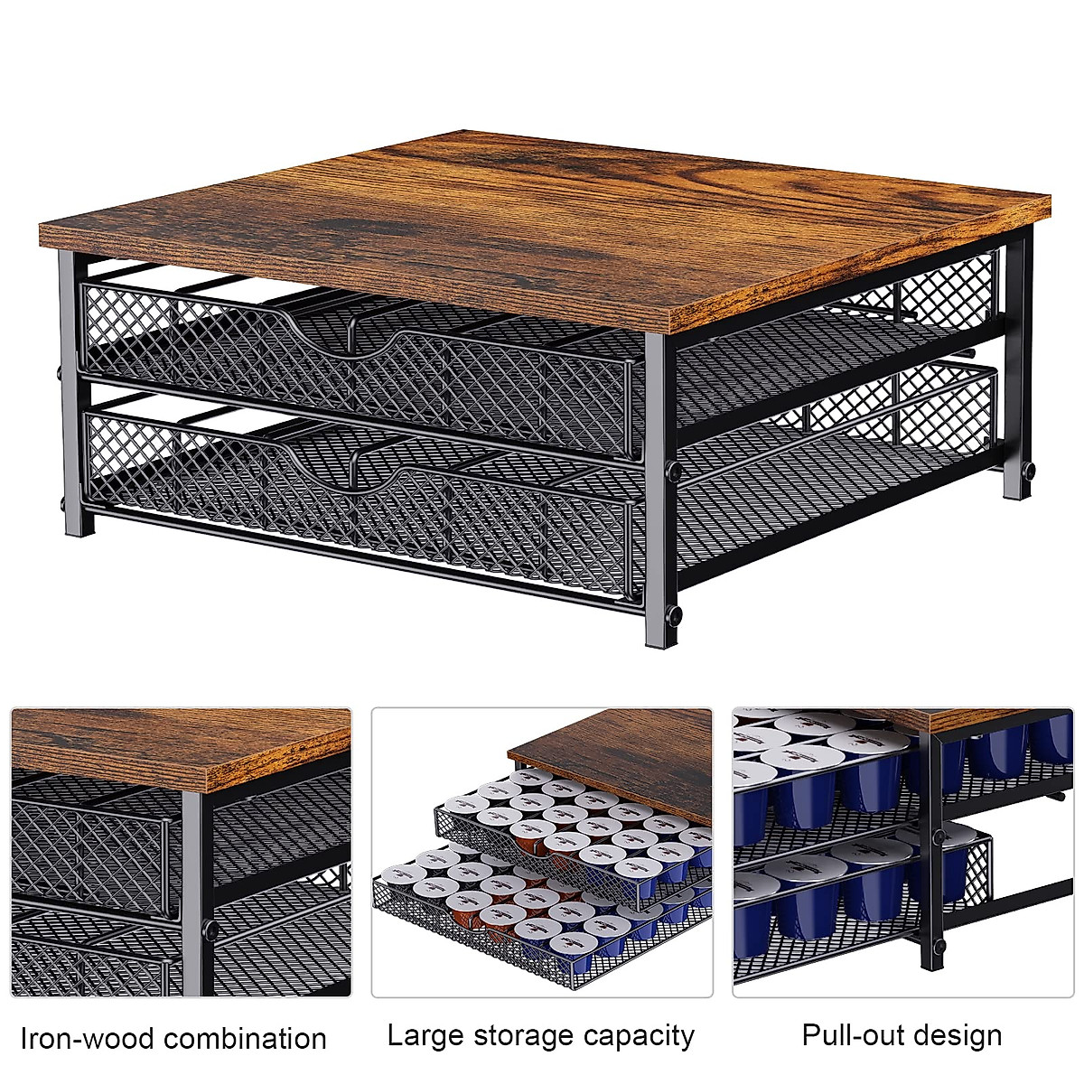 2-Tier Coffee Pod Drawer Holder Organiser, Wooden Finish for 72 Capacity K Pod, Coffee Machine Stand Container Storage Sliding Mesh Baskets Compatible for Home Office Kitchen Cafe Counter, Black