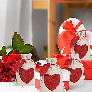 Whaline 20 Pack Valentine's Day Burlap Gift Bag Glitter Red Heart Drawstring Bag with Tag and Cotton Rope Rustic Linen Pouches Sacks for Valentines Party Favors Wedding Bridal Shower Supplies