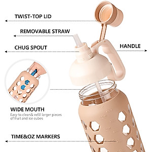 MUKOKO 64 Oz Glass Water Bottles, Half Gallon Water Bottle With Straw And Silicone Sleeve Wide Mouth Leakproof Reusable Water Jug With Time Marker And Handle For Gym, Outdoor, BPA Free,Amber