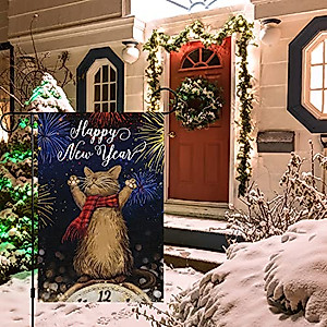 Happy New Year Cat Garden Flag 12x18 Double Sided Vertical, Burlap Small Celebration Fireworks Clock Welcome New Year Eve Yard Flag Sign (ONLY FLAG)