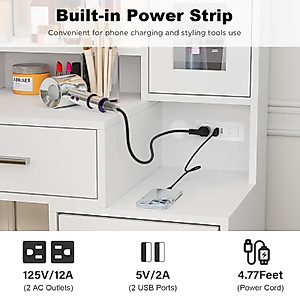 Likein Makeup Vanity with Charging Station, Makeup Vanity Desk with Mirror and Lights, Dressing Table with Nightstand Drawers & Cabinet for Women Girls Bedroom