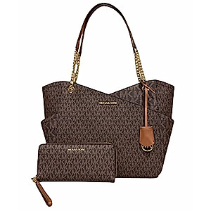 Michael Kors Jet Set Travel Large Chain Shoulder Tote Brown MK Signature Bundled with Michael Kors Jet Set Travel Continental Long Wallet Wristlet Brown