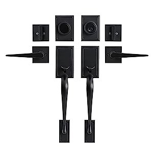 GUA OYH Double Front Door Handle Matte Black Double Door Lock Keyed Dummy Door Lock Set with Handle Lever for Front Door or Office Door (L361516-B-S118)