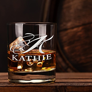 Personalized Whiskey Glass for Men Customized Engraved Script Monogram Initial and Name 10.25 oz Old Fashioned Rocks Cocktail Bourbon Glass Custom Gift