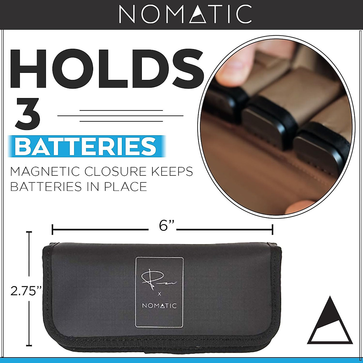NOMATIC McKinnon Battery Case - DSLR Camera Battery Holder Organizer with Magnetic Closure for 3 Batteries