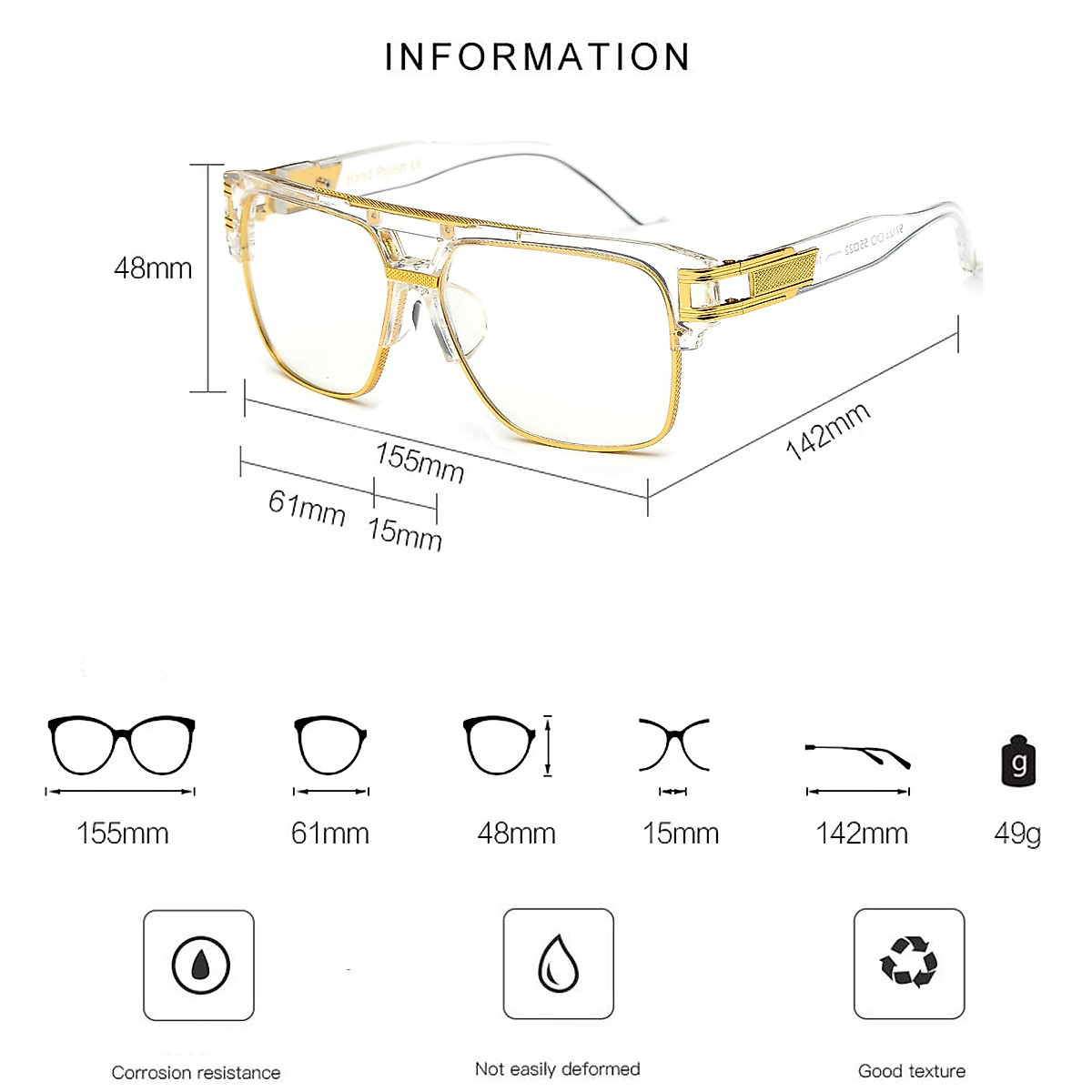 Allt Square Aviator Large Fashion Sunglasses For Men Goggle Alloy Frame Glasses(Clear Gold/Clear, 61)