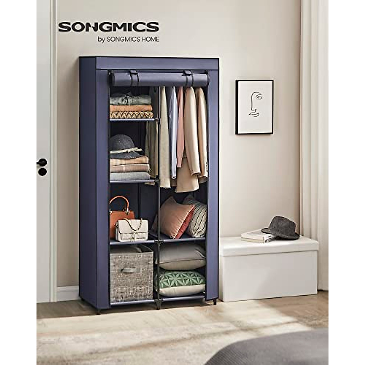 SONGMICS Portable Closet, Clothes Storage Organizer with 6 Shelves, 1 Clothes Hanging Rail, Non-Woven Fabric Closet, Metal Frame, 34.6 x 17.7 x 66.1 Inches, Dark Blue URYG084I02