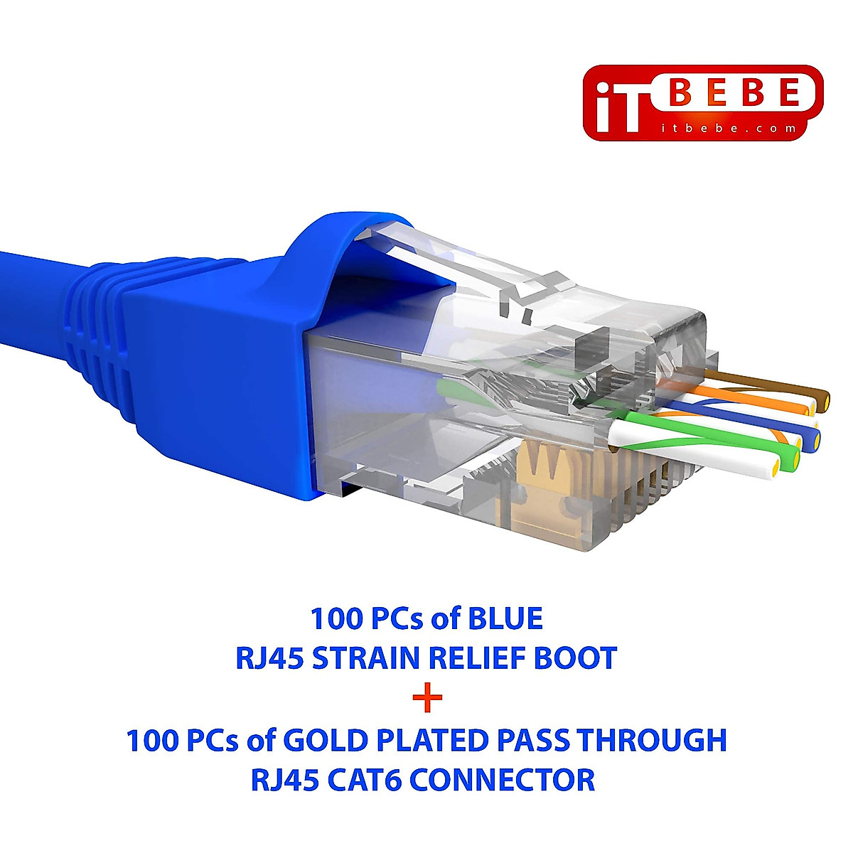 TBEBE 100 Sets of RJ45 Cat6 Pass-Through Connectors for 24 AWG Cables - 100 Pieces Cat6 Connectors Ends and 100 Pcs RJ45 Connectors Blue Strain Relief Boots for Clean, snag-Free ethernet Patch Cord